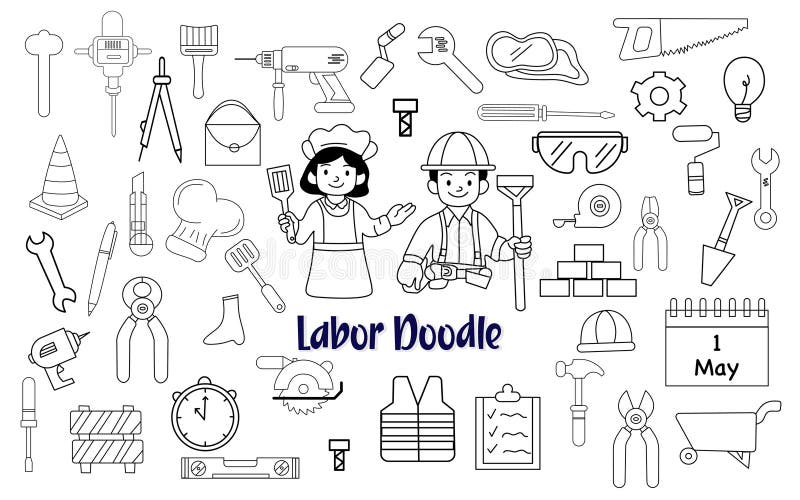 Labor Day Doodle Element Icon Clipart Set Stock Vector - Illustration ...