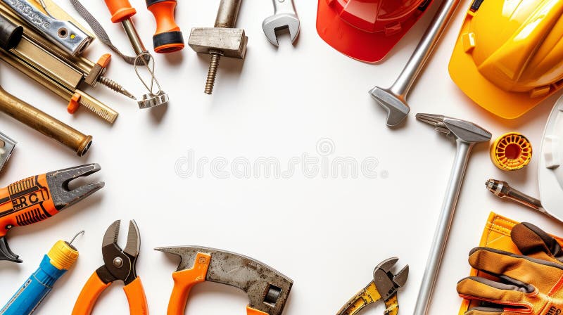 Labor Day Frame Border Background with Tools and Safety Gear on White ...