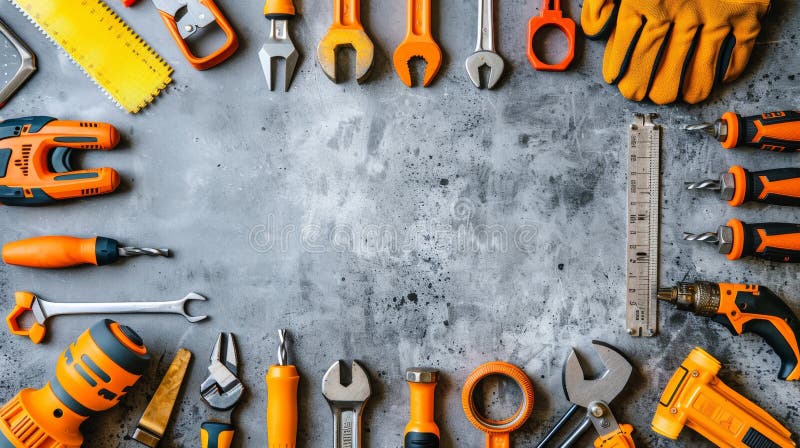 Labor Day Frame Border Background with Various Tools on Concrete ...