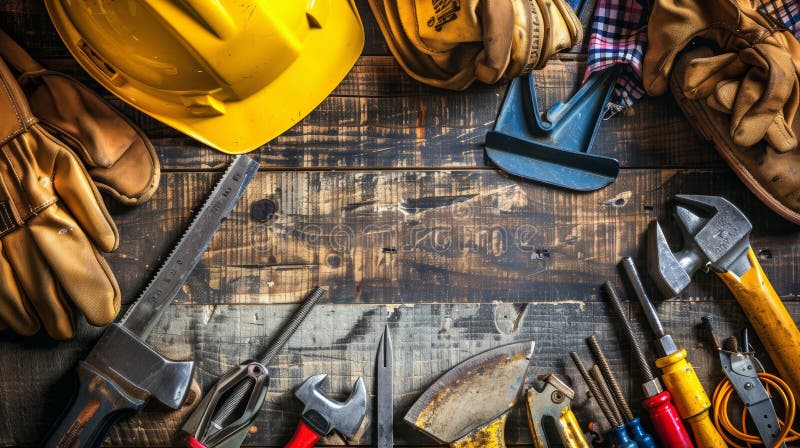 Labor Day Frame Border Background with Various Tools on Rustic Wooden ...