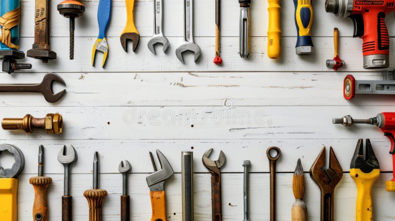 Labor Day Frame Border Background with Various Tools on White Wooden ...