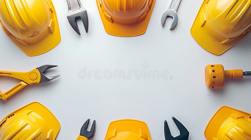 Labor Day Frame Border Background with Yellow Hard Hats and Tools on ...