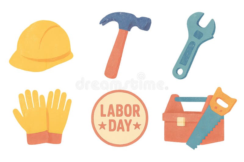 Labor Day Icon Set with Tools and Hard Hat, Isolated Png Stock ...