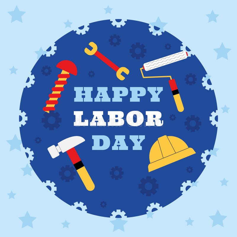 Labor Day Graphic with Tools and Gears on Blue Background Vector Stock ...