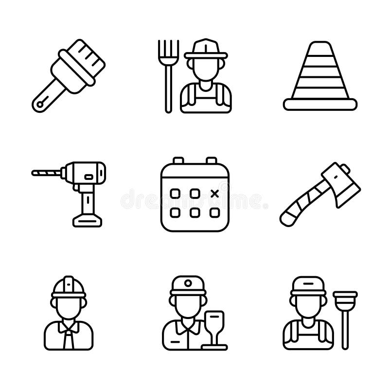 Labor Day Line Icons – Workers and Tools Collection Stock Vector ...