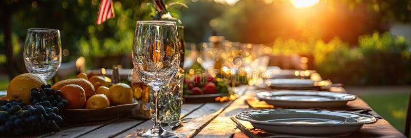 Labor Day Outdoor Dining Table Set with US Flags, Fresh Fruit, and ...