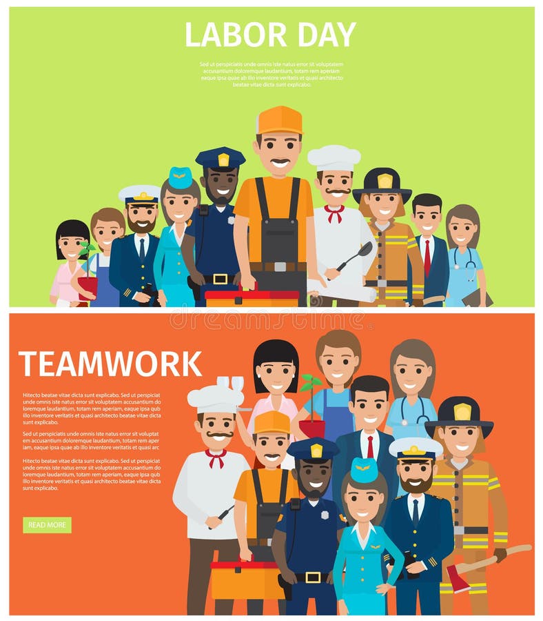 Labor Day and Teamwork Flat Vector Web Banners Stock Vector ...