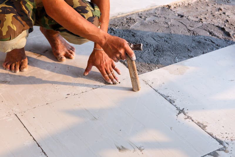 Labor Cutting Tile Floor for New House Building Stock Photo - Image of ...