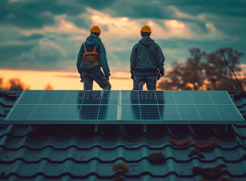 Labor Working on Solar Rooftop, Engineering of Solar Industry Stock ...
