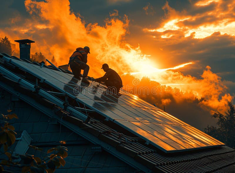 Labor Working on Solar Rooftop, Engineering of Solar Industry Stock ...