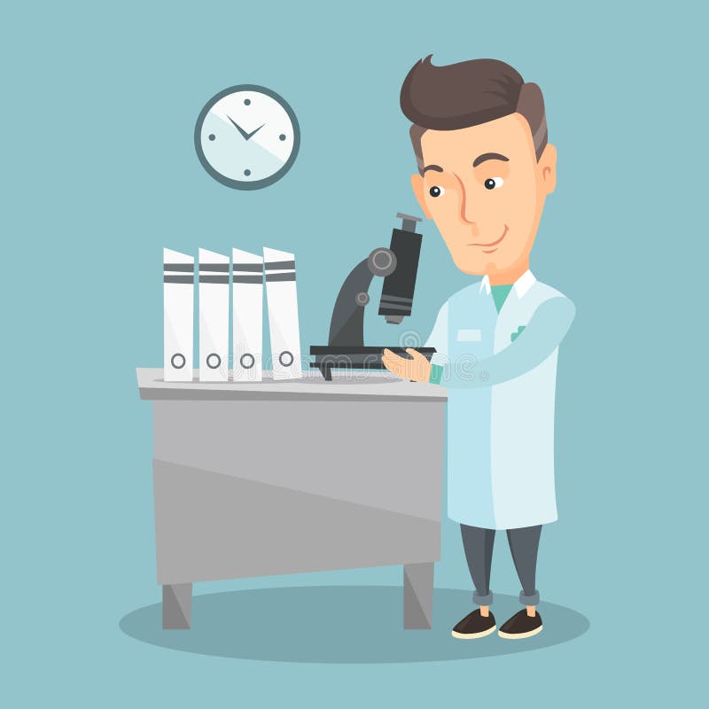 Laborant med mikroskopet vektor illustrationer. Illustration av omsorg ...