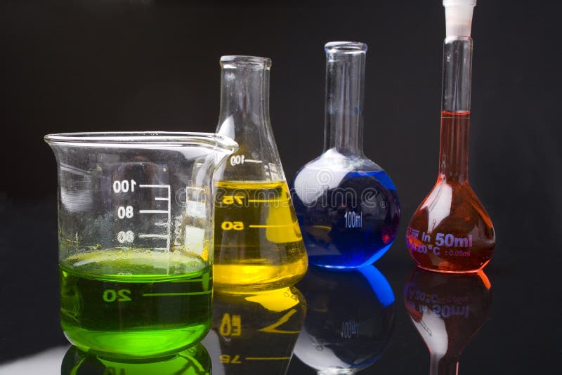 The Erlenmeyer or Conical Flask on Bench Laboratory, with Colorful ...