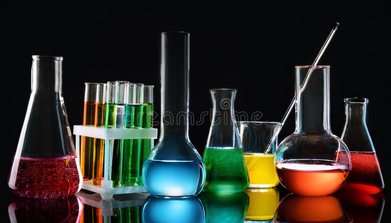 Laboratory Analysis. Different Glassware with Colorful Liquids on Black ...