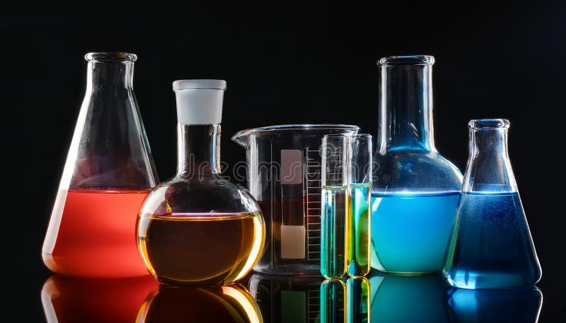 Laboratory Analysis. Different Glassware with Colorful Liquids on Black ...