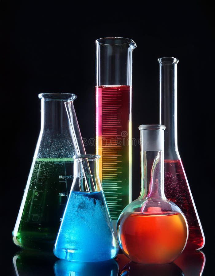 Laboratory Analysis. Different Glassware with Colorful Liquids on Black ...