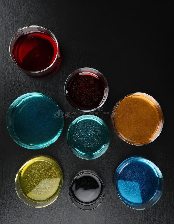 Laboratory Analysis. Different Glassware with Colorful Liquids on Black ...