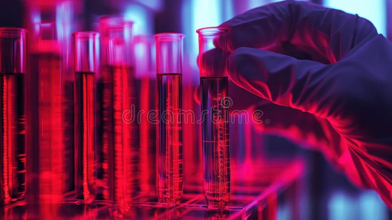 Laboratory Analysis: Hand Examining Test Tubes Under Red and Blue ...