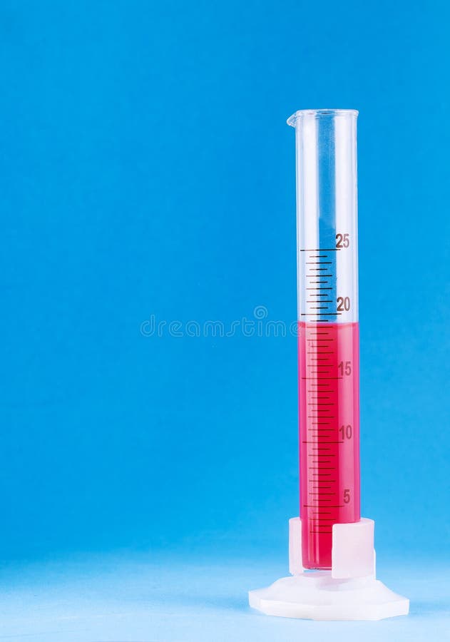 Laboratory Beaker with Red Fluid on Blue Background. Stock Photo ...