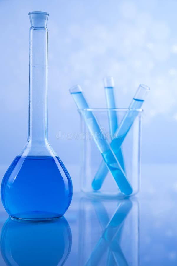 Laboratory Beakers, Microscope, Blue Background Stock Image - Image of ...