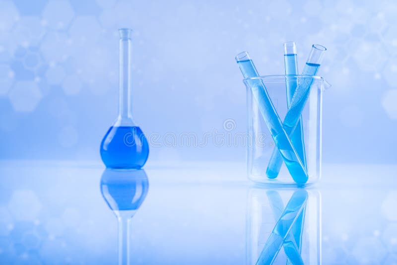 Laboratory Beakers, Microscope, Blue Background Stock Image - Image of ...