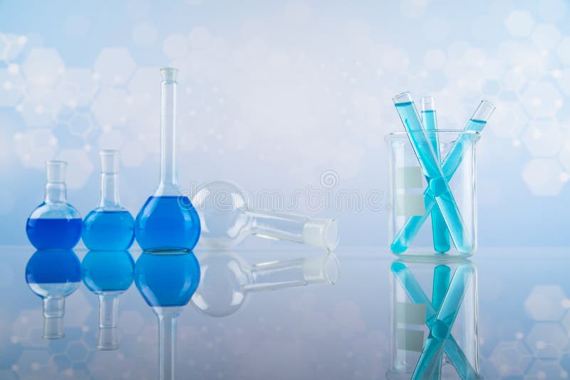 Laboratory Beakers, Microscope, Blue Background Stock Photo - Image of ...