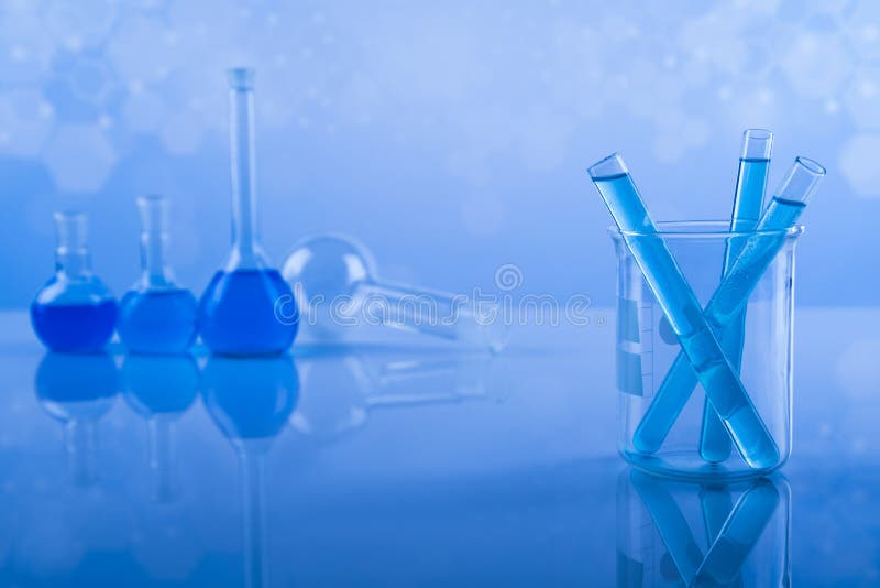 Laboratory Beakers, Microscope, Blue Background Stock Photo - Image of ...