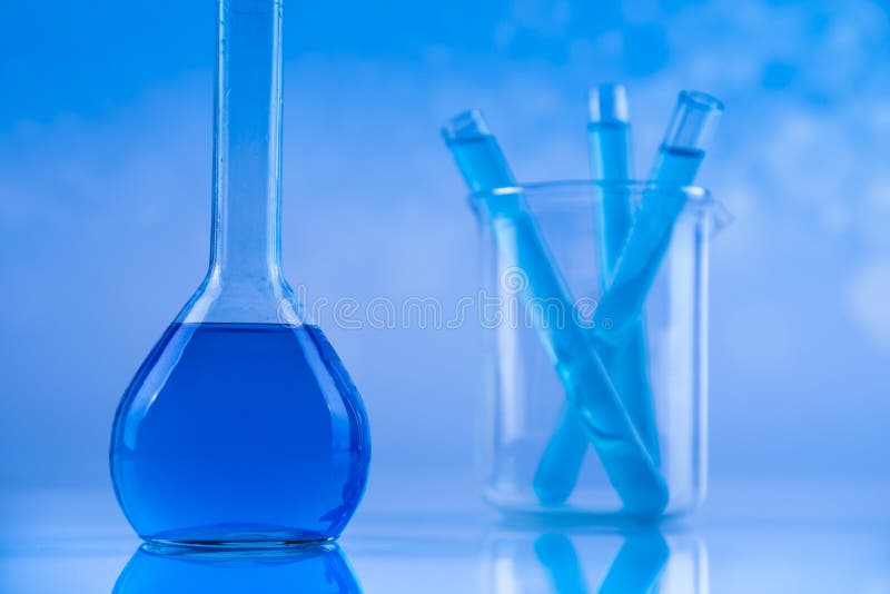 Laboratory Beakers, Microscope, Blue Background Stock Photo - Image of ...
