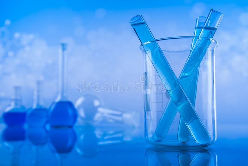 Laboratory Beakers, Microscope, Blue Background Stock Image - Image of ...