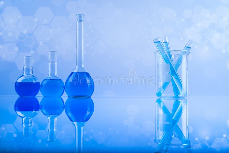 Laboratory Beakers, Microscope, Blue Background Stock Photo - Image of ...