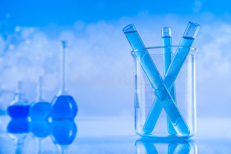 Laboratory Beakers, Microscope, Blue Background Stock Photo - Image of ...