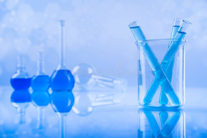 Laboratory Beakers, Microscope, Blue Background Stock Photo - Image of ...