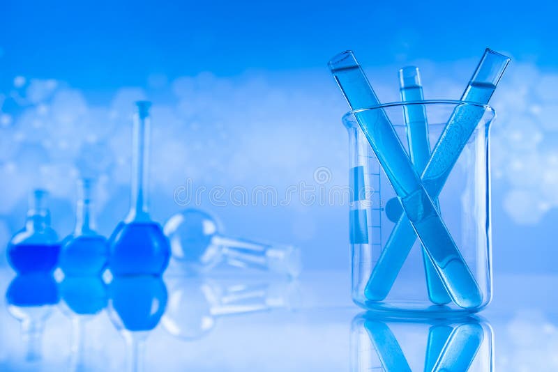 Laboratory Beakers, Microscope, Blue Background Stock Photo - Image of ...