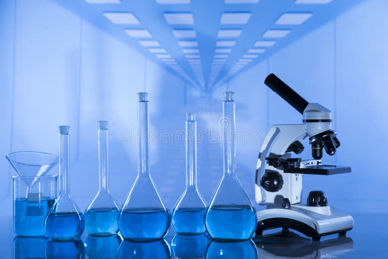 Laboratory Beakers, Microscope, Blue Background Stock Photo - Image of ...