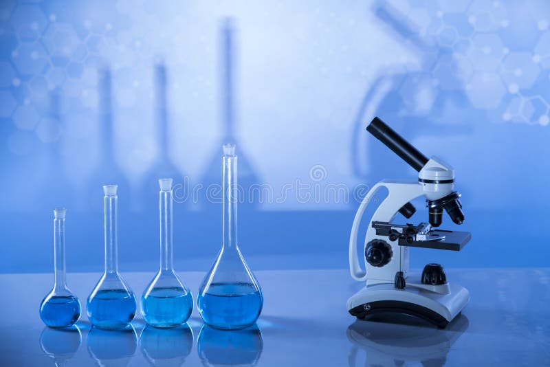 Laboratory Beakers, Microscope, Blue Background Stock Photo - Image of ...