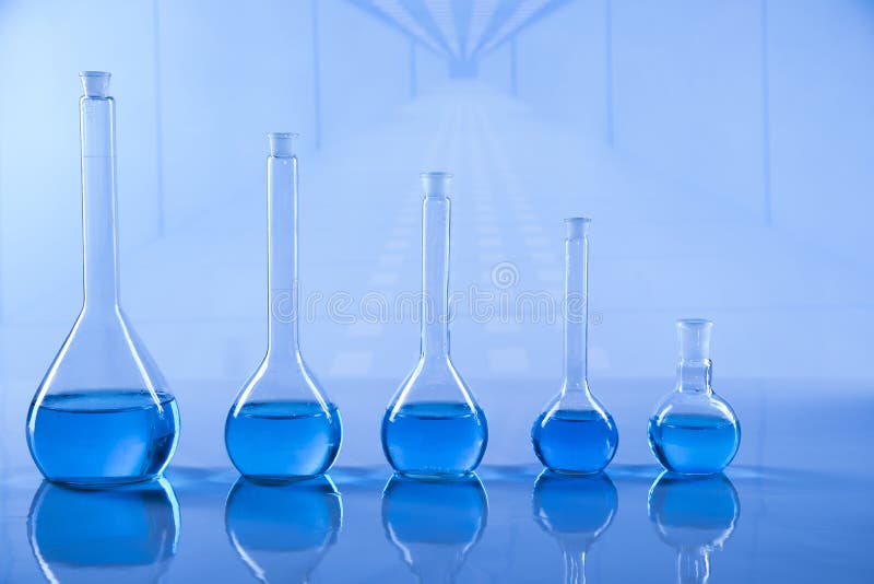 Laboratory Beakers, Microscope, Blue Background Stock Image - Image of ...
