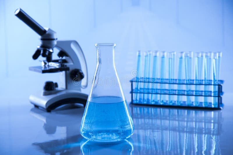 Laboratory Beakers, Microscope, Blue Background Stock Photo - Image of ...