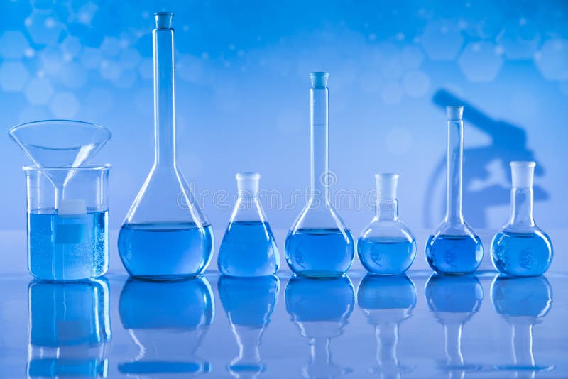 Laboratory Beakers, Microscope, Blue Background Stock Photo - Image of ...