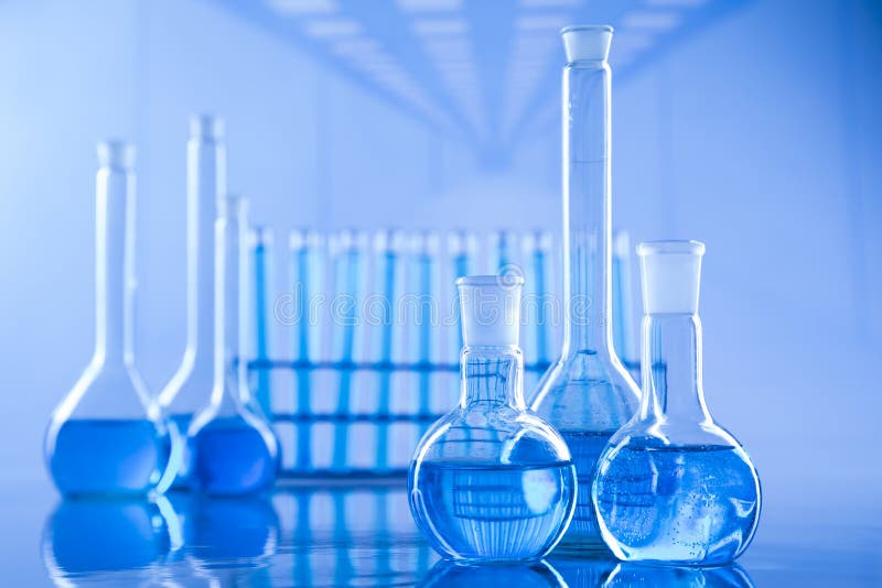Laboratory Beakers,Science Experiment, Blue Background Stock Image ...