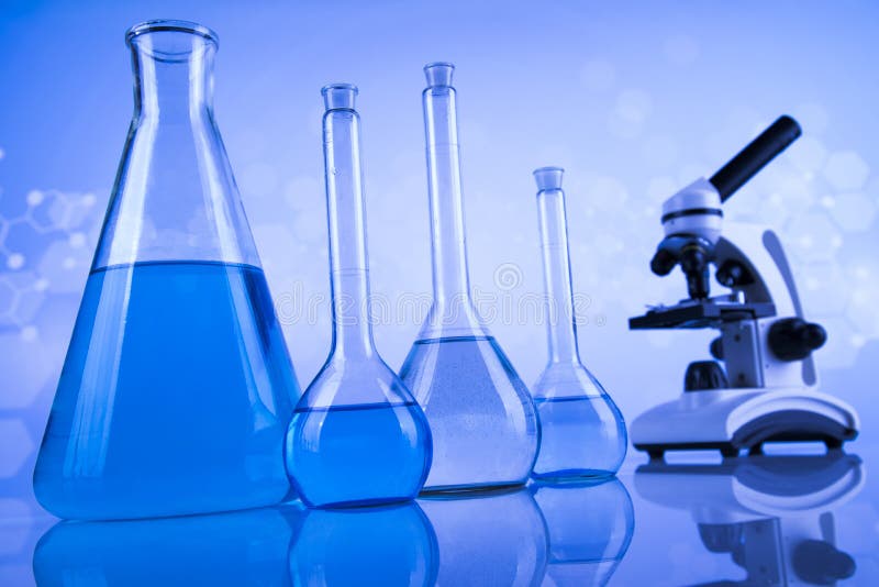 Laboratory Beakers,Science Experiment, Blue Background Stock Image ...