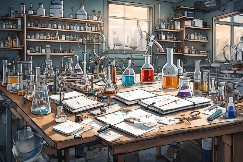 A laboratory bench strewn stock image. Image of glassware - 301132203