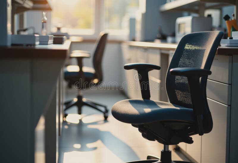 Laboratory Benches with Microplate Readers and Empty Chairs in a Bright ...