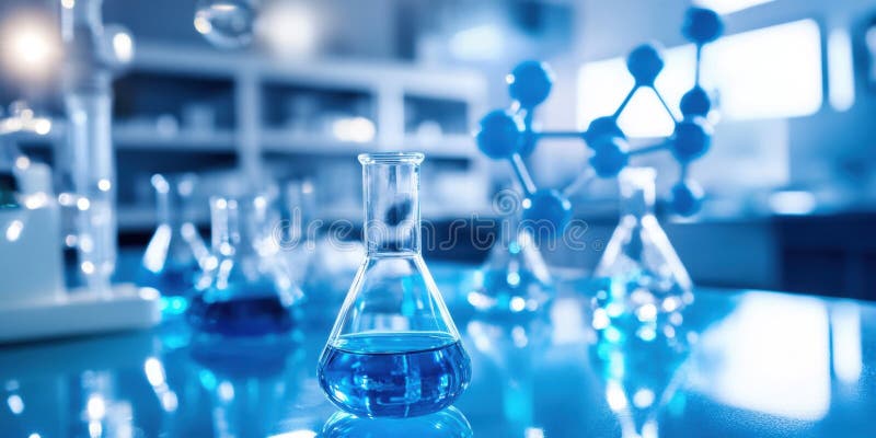 Laboratory with Blue Chemical Solutions and Molecular Model in Focus ...