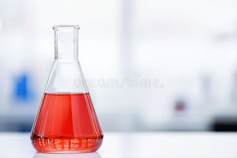 Laboratory Chemical Flask with Red Liquid on a White Surface in a ...