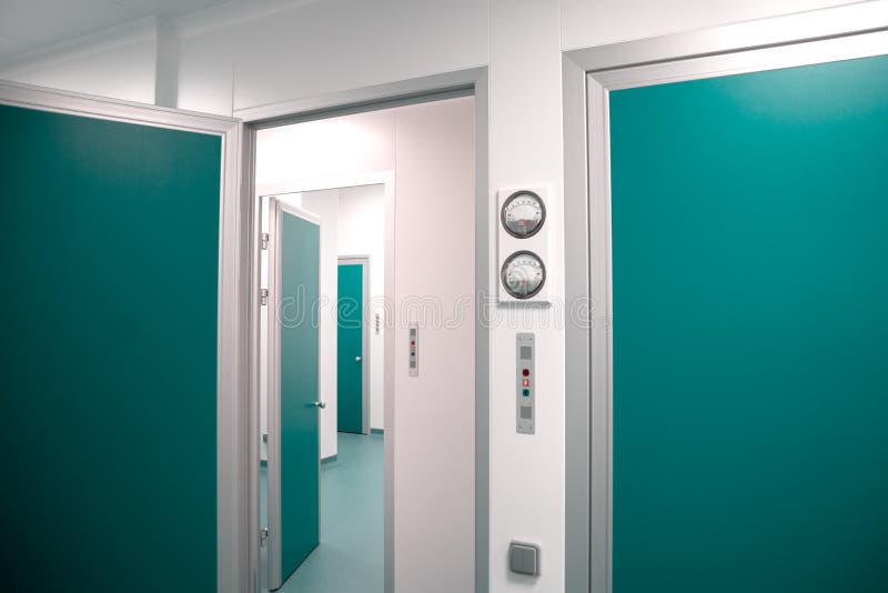 Laboratory Corridor with Green Doors and Measuring Sensors Stock Image ...