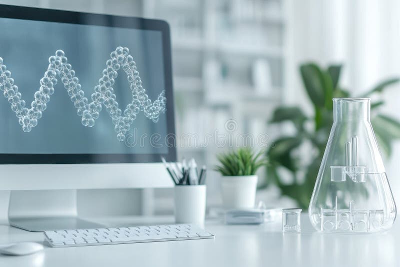 Laboratory Workspace Featuring a Computer Displaying Molecular Graphics ...