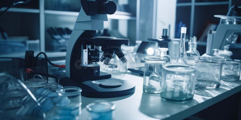 Laboratory Desk Occupied by Multiple Glassware and Modern Microscope ...