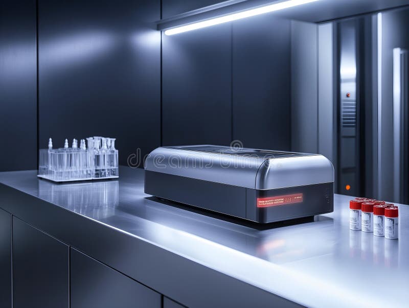 Laboratory Device with a Red Light on a Metal Table Stock Illustration ...