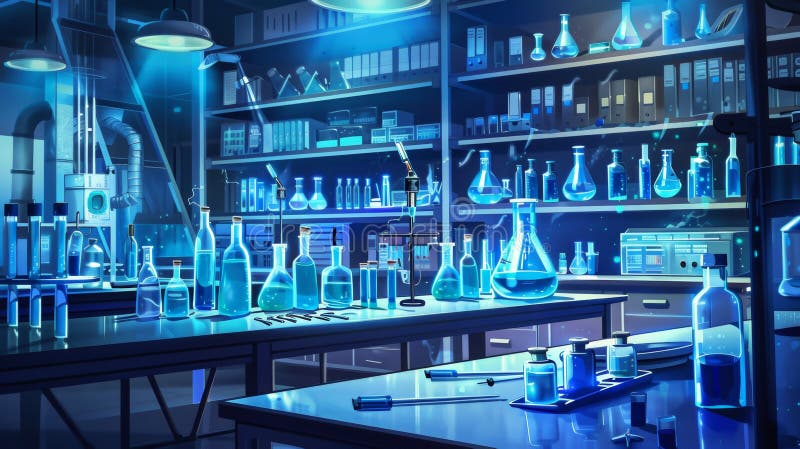 The Laboratory Displays Various Bottles and Flasks with Blue Liquids ...