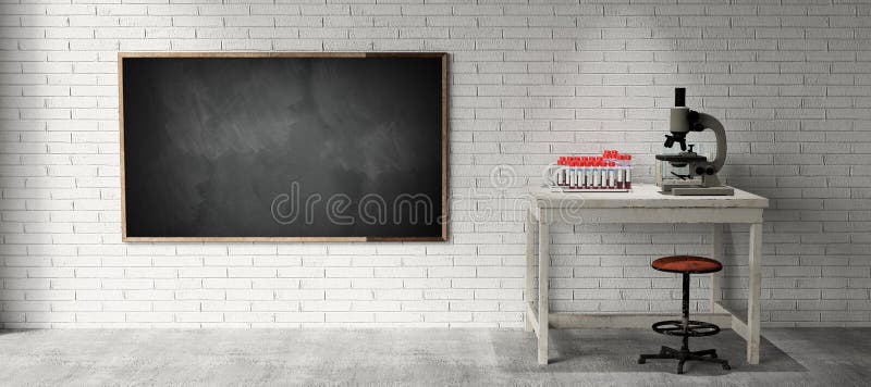 Laboratory with Empty Blackbord and Many Test Tubes - 3D Rendered ...