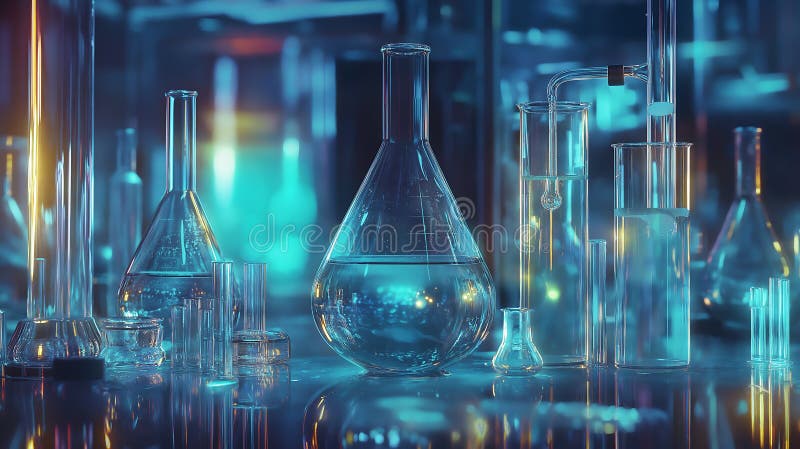 Laboratory Equipment Arranged on a Reflective Surface with Colorful ...